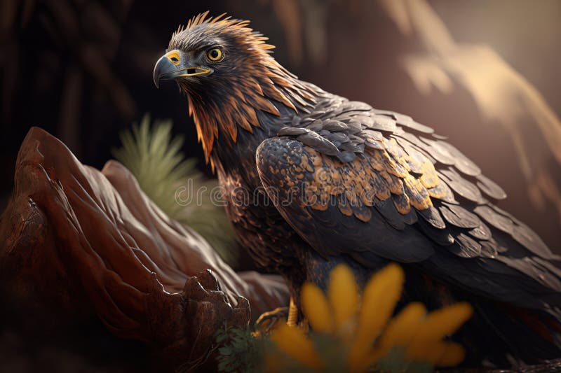 A Bird of Prey Sitting on a Tree Branch in a Forest. Stock Illustration ...