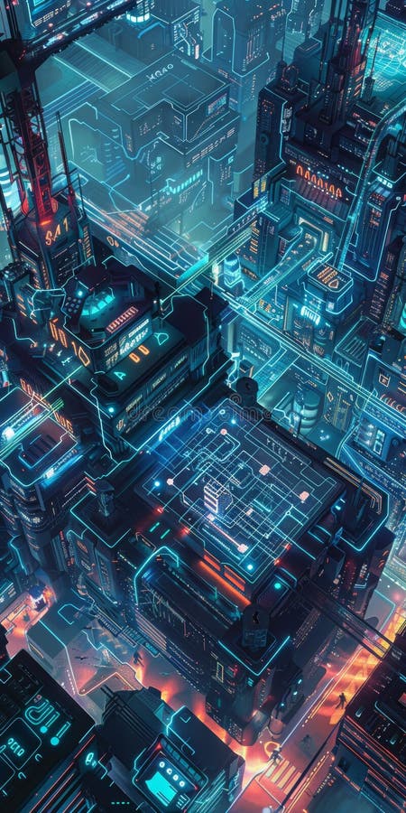 Bird S-eye Perspective on Digital Defense Systems. Stock Illustration ...