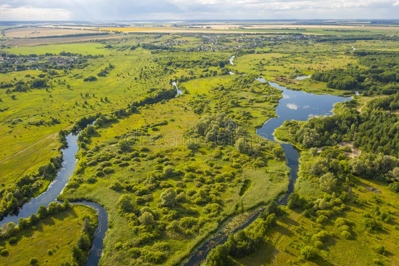 Bird`s-eye View of the Bends of the River Meadows and Fields Stock ...