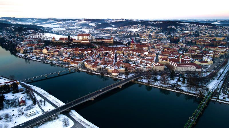 Bird S Eye View of a City Next To a Riverbed during the Winter Stock ...