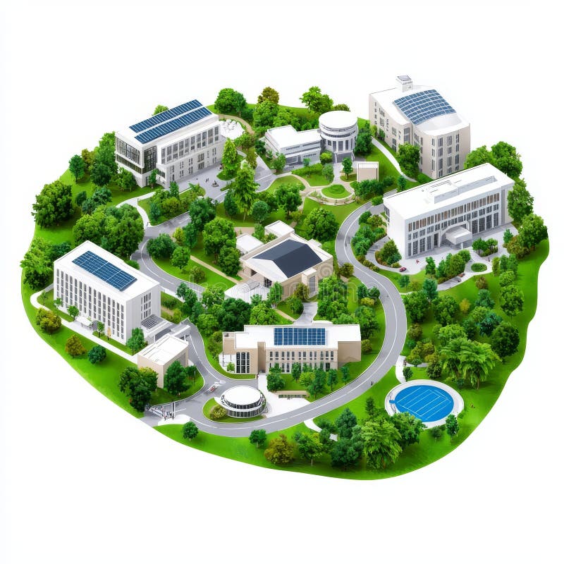 Bird's Eye View Contemporary Campus Featuring Green Spaces Structures ...