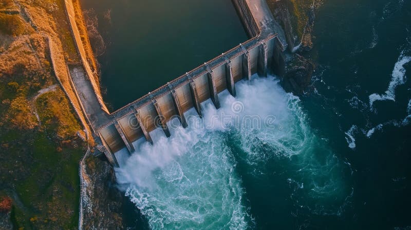 A Bird S-eye View of a Dam with Water Cascading Over the Spillway ...