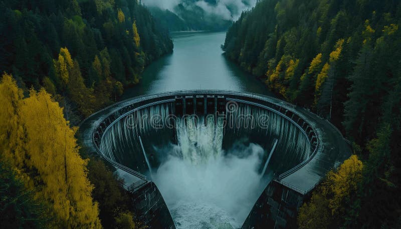 A Bird S-eye View of the Dam through Which a Powerful Torrent of Water ...