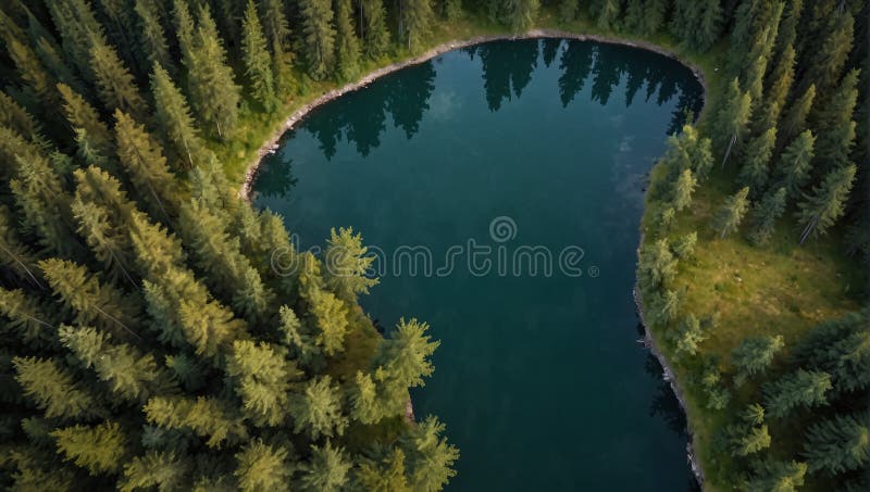 Bird S Eye View of Deep Lake in the Middle of a Green Coniferous Forest ...