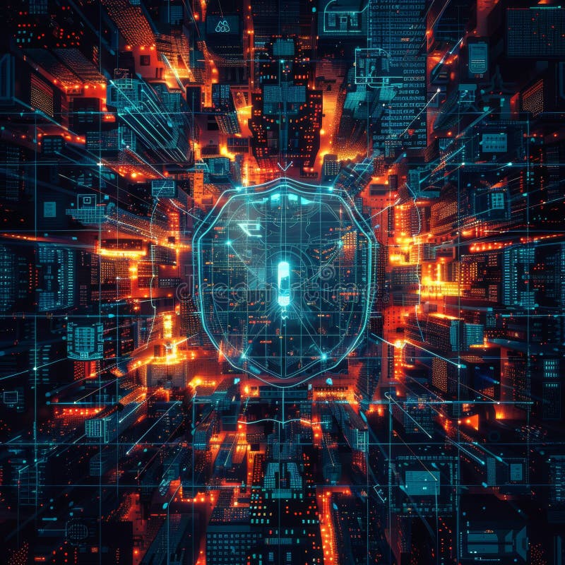 Bird S-eye View of a Digital Security Shield. Stock Illustration ...