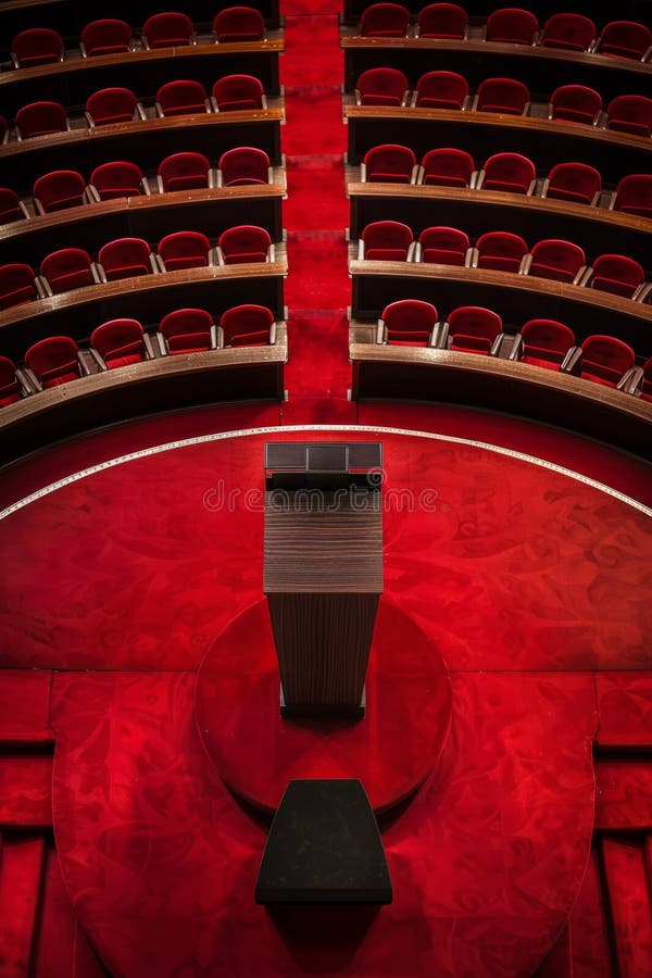 Elegant Auditorium with Red Seats and Wooden Podium in a Modern ...