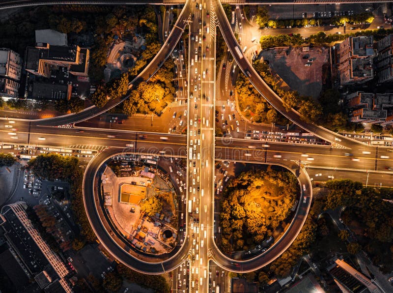 Bird S Eye View of Illuminated Overpass in a City Stock Image - Image ...