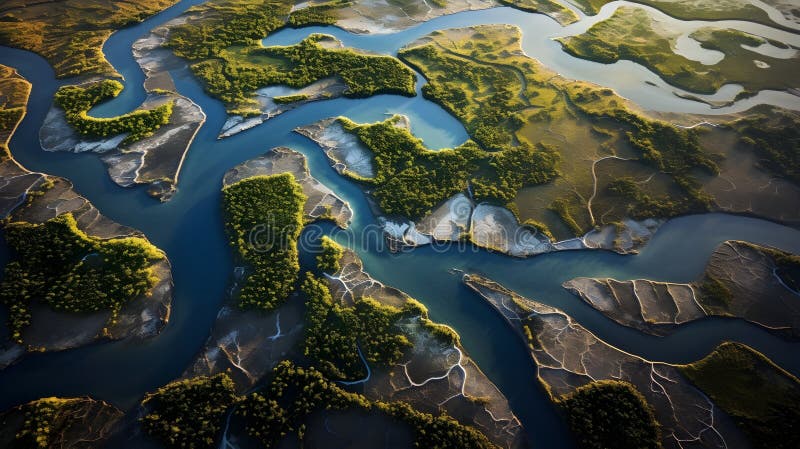 Bird S-eye View of Interconnected Waterways in a Wetland Stock ...