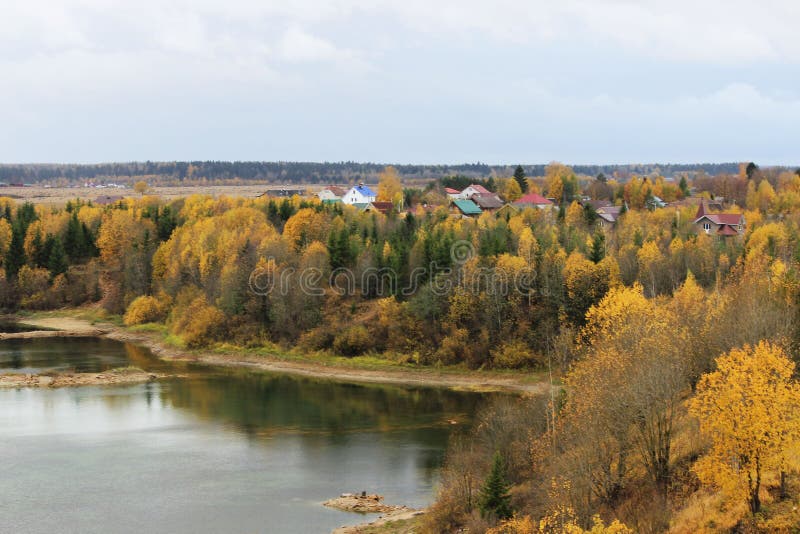 Bird`s Eye View of the Lake and Autumn Forest. Stock Image - Image of ...