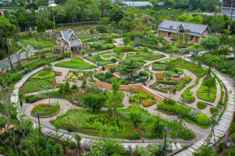 Bird S Eye View of Landscaped Park with Intricate Pathway Design and ...