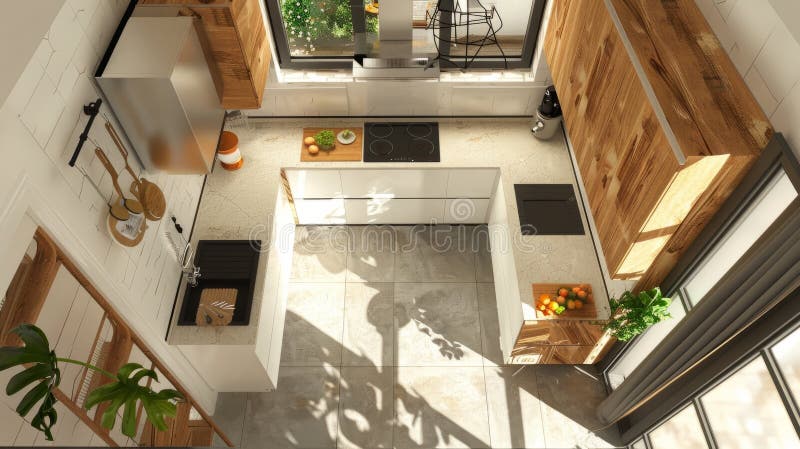 Bird S Eye View of Minimalist Kitchen Stock Illustration - Illustration ...