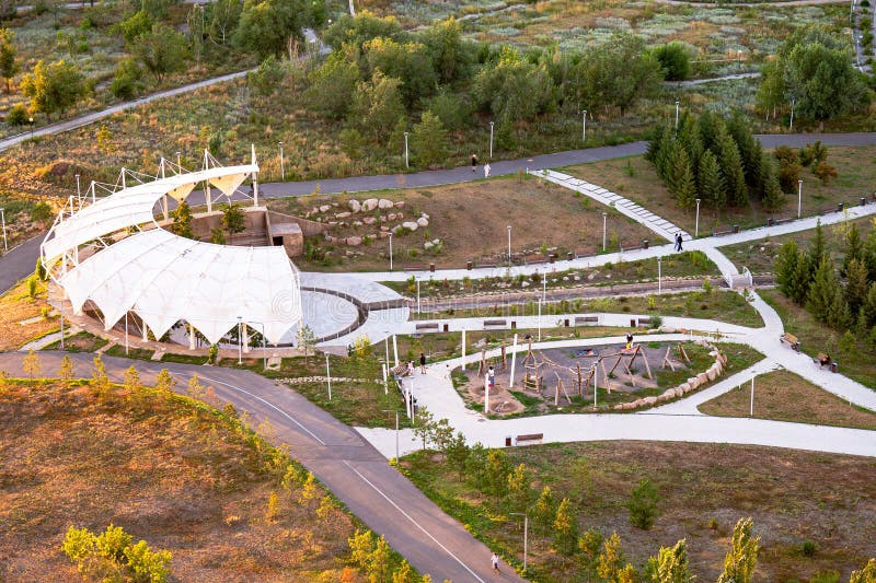 Bird S-eye View of a Modern Park with an Amphitheater, Walking Paths ...