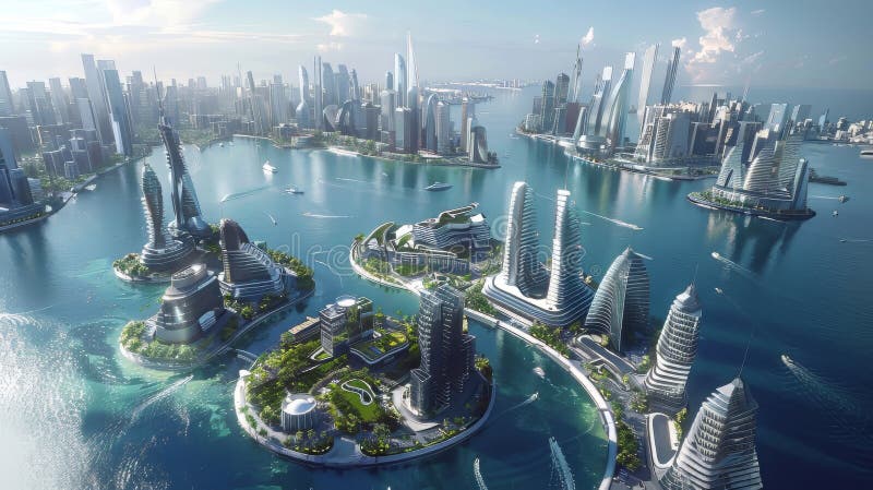 Bird S Eye View of a Modern Waterfront City Stock Illustration ...