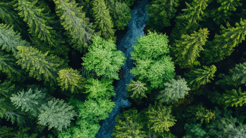 A Bird S-eye View of a Quiet River Winding Its Way through a Thick ...