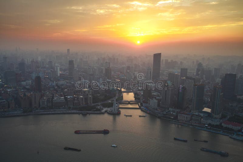 Bird S Eye View of Shanghai at Sunset Glow Stock Photo - Image of city ...