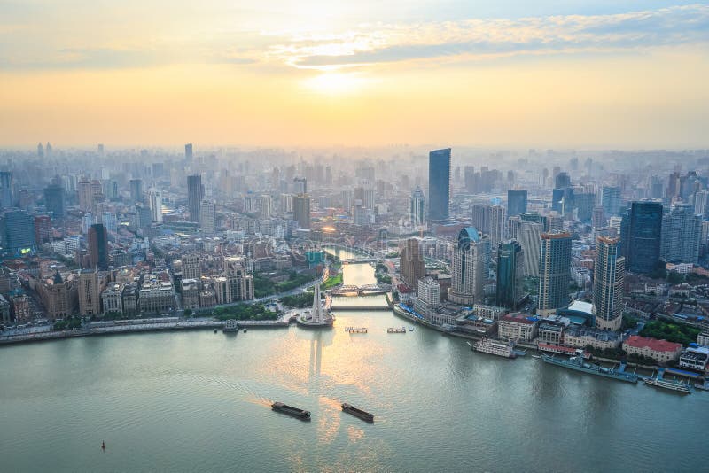 Bird S Eye View of Shanghai in Sunset Stock Photo - Image of china ...