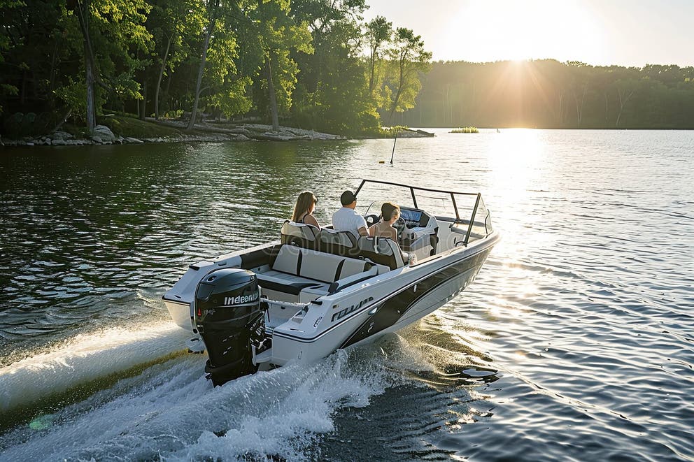 A Bird S-eye View of a Speedboat Sailing at Sunset on the Blue River ...