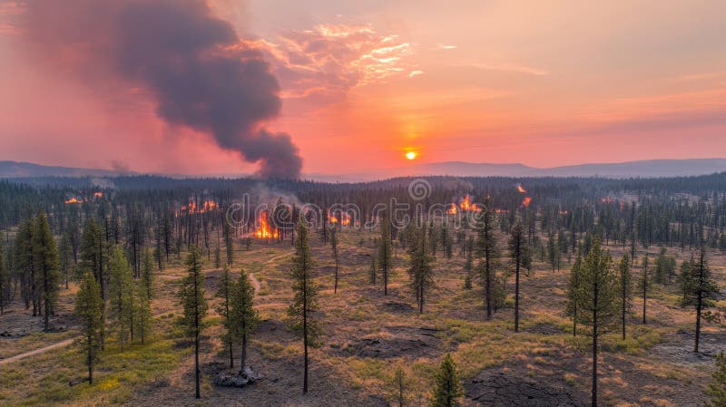 A Bird S-eye View of Trees and Grass Burning in a Forest Fire Ignited ...
