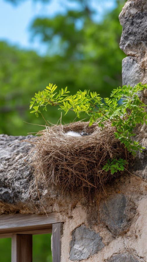 Bird S Nest on Stone Structure with Green Leaves Against Blurred Green ...