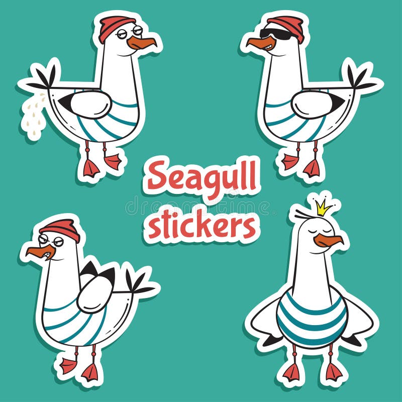 Bird Seagull Stickers Isolated on Blue Background Stock Vector ...