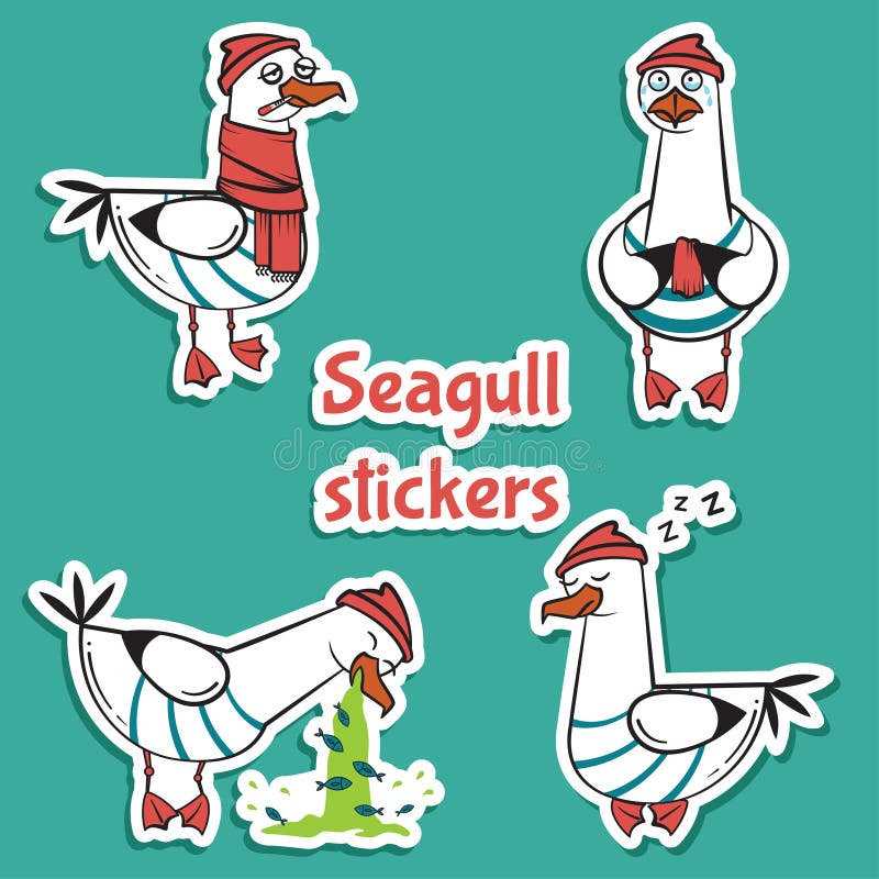 Bird Seagull Stickers Set on Blue Background Stock Vector ...
