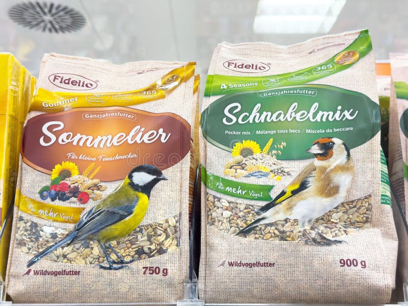 Bird Seed Packaging with Colorful Birds in German Grocery Store ...