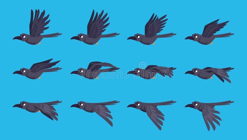 Bird Sequence. Crow Flying Keyframe Animation Exact Vector Game Assets ...