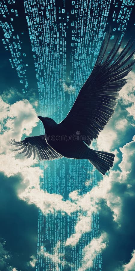 A Bird Silhouette Flying through a Digital Matrix of Binary Code Stock Illustration ...