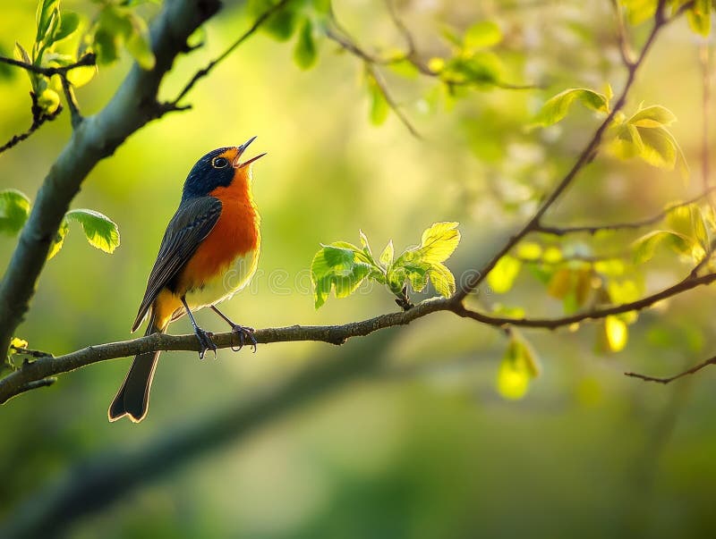 Bird Singing on Tree Branch, Focus on Nature, Springtime, and ...