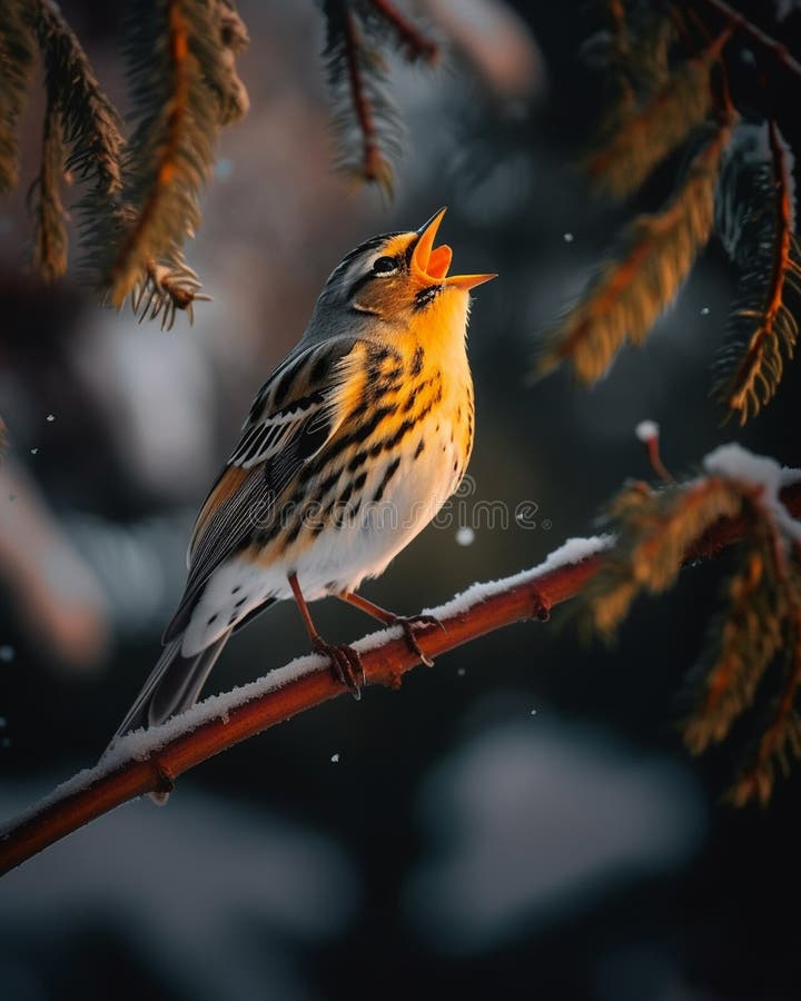 A Bird is Singing on a Tree Branch in Winter Stock Illustration ...