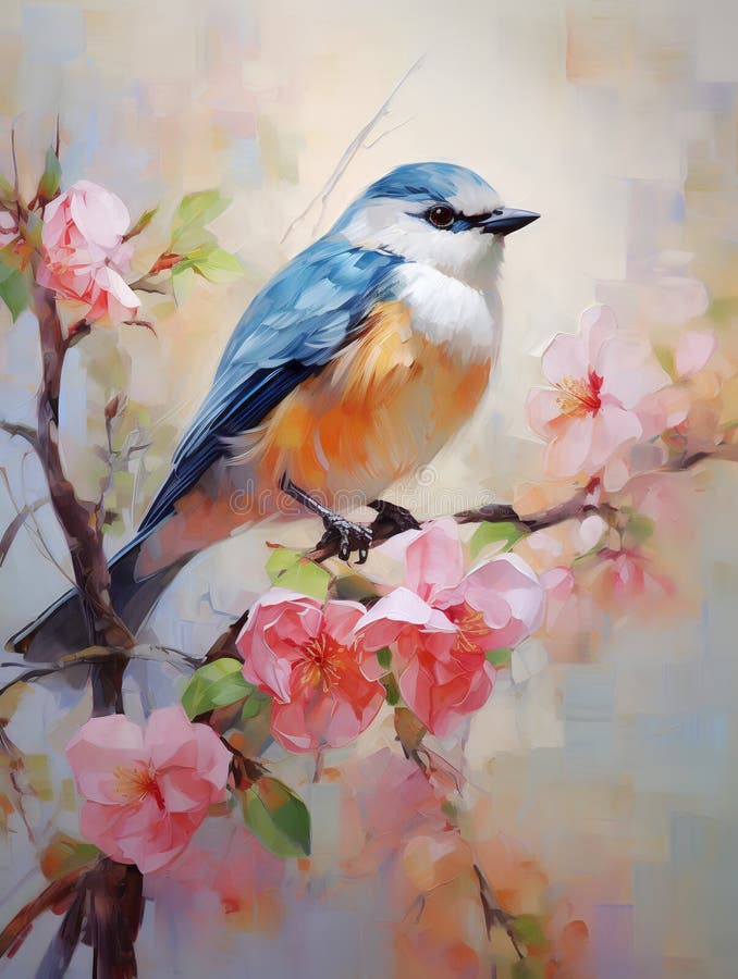 Bird Sit on the Branches of Blooming Spring Trees. Oil Painting in ...