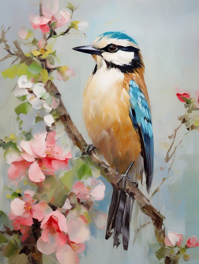 Bird Sit on the Branches of Blooming Spring Trees. Oil Painting in ...