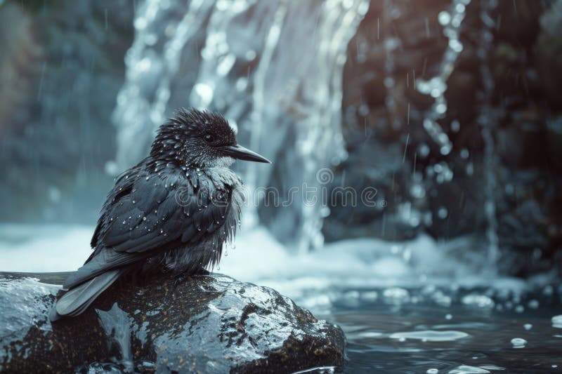 A Bird Sits Atop a Rock Near the Base of a Waterfall, Surrounded by ...