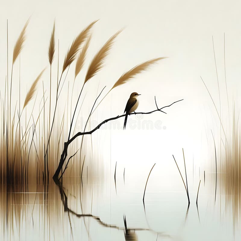A Bird Sits on a Branch in the Water with Reeds in the Foreground and ...