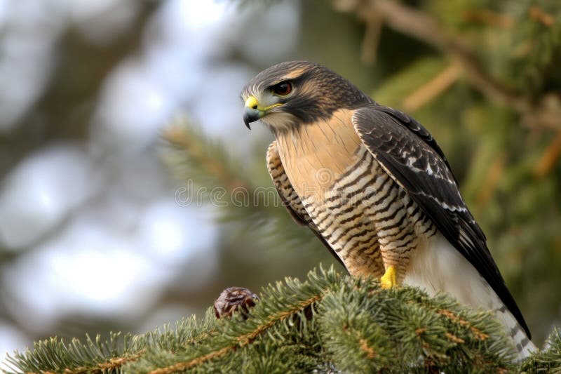 A Bird Sitting Atop a Tall Pine Tree Branch Stock Image - Image of ...