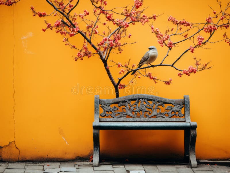 A Bird Sitting on a Bench in Front of an Orange Wall Stock Illustration ...