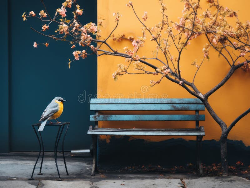 A Bird Sitting on a Bench Next To a Tree Stock Illustration ...