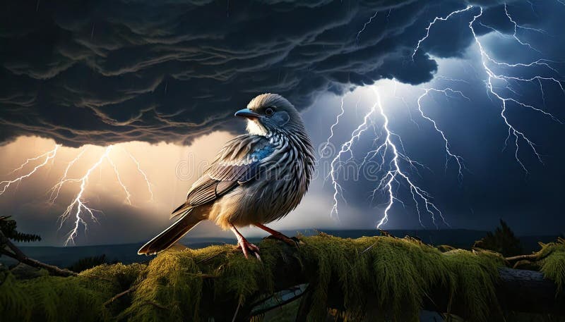GENERATED IMAGE IA Bird Sitting on Branch during Dramatic Lightning ...
