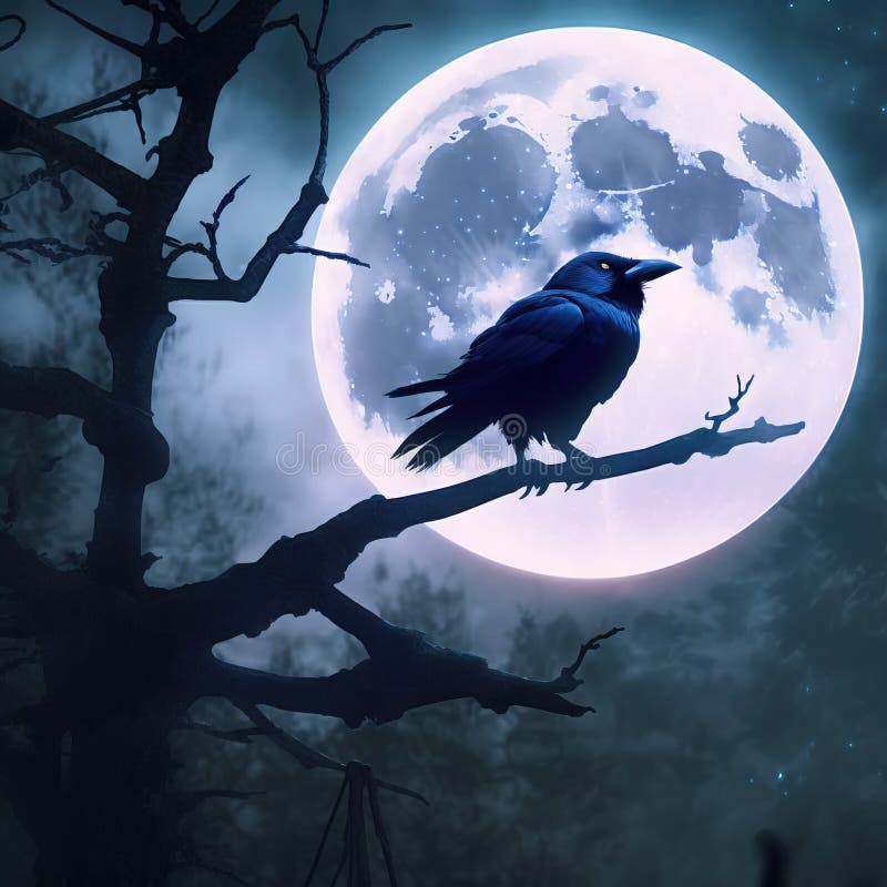 A Bird Sitting on a Branch in Front of a Full Moon with Clouds and ...