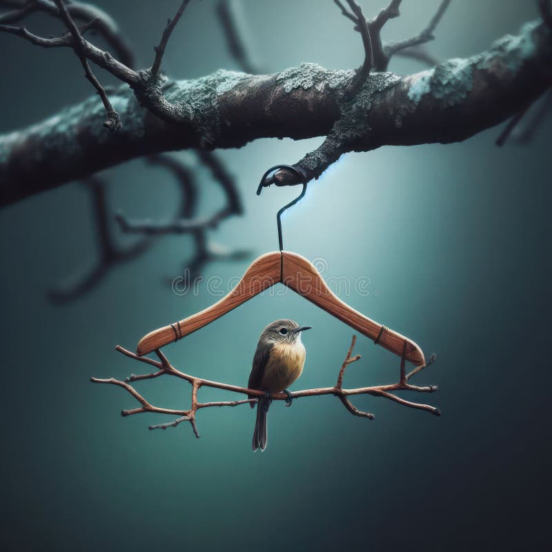 A Bird Sitting on a Hanger that Hangs on a Tree Branch. Stock ...