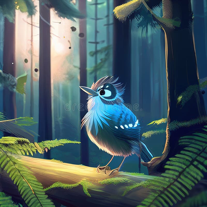 A Bird Sitting on a Log in a Forest with Ferns and a Sunbeam in the ...