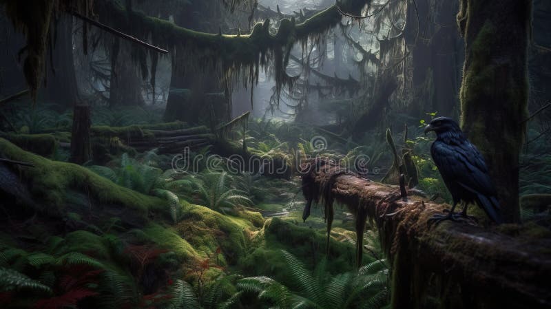 A Bird Sitting on a Log in the Middle of a Forest Stock Illustration ...