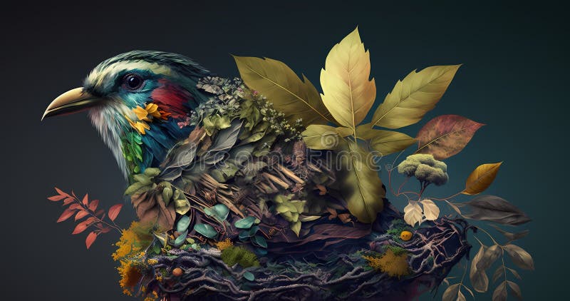 Bird Sitting in Nest Surrounded by Leaves and Branches. Stock Image ...