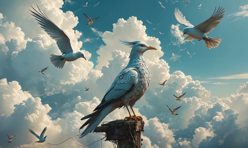 Bird is Sitting on Post with Many Birds Flying Around Stock ...