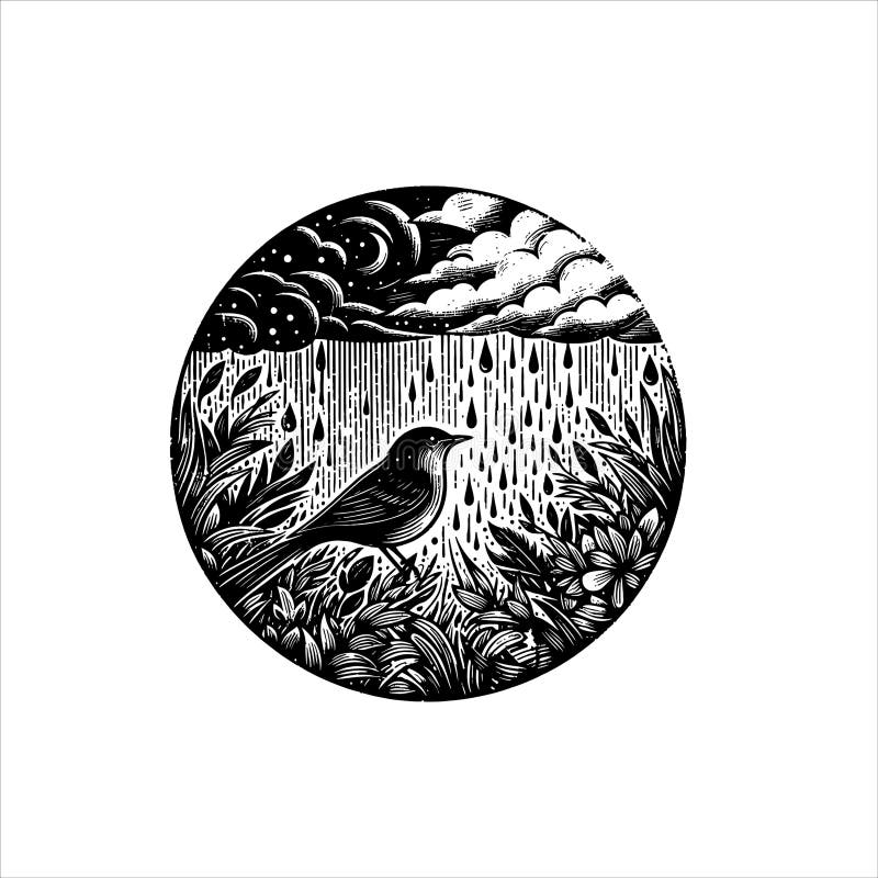 A Bird Sitting in the Rain Under Clouds and Stars in a Circle Design ...