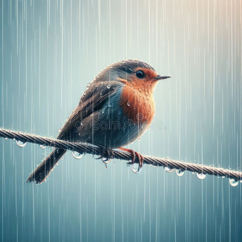 Bird Sitting in the Rain on a Wire. Space for Text. Stock Photo - Image ...