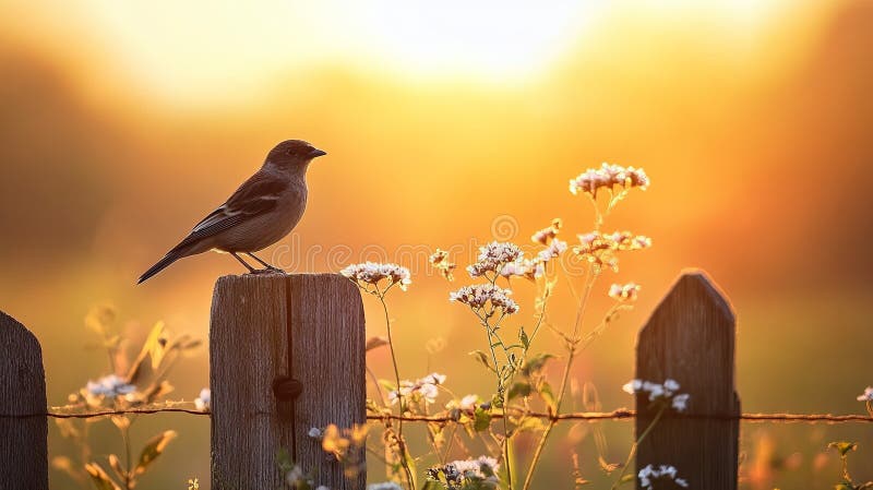 Bird Sitting on a Rustic Fence at Sunrise Pic Stock Image - Image of ...