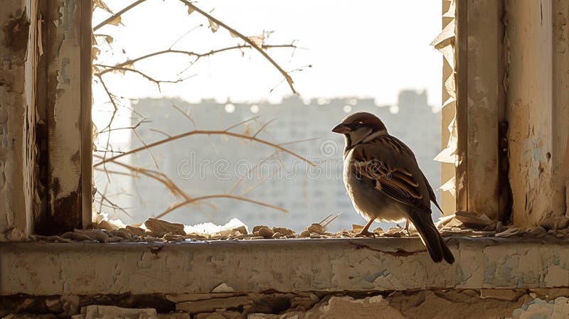 Bird Sitting on a Window Sill in a Building Stock Illustration ...