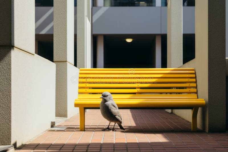 A Bird Sitting on a Yellow Bench in Front of a Building Stock ...