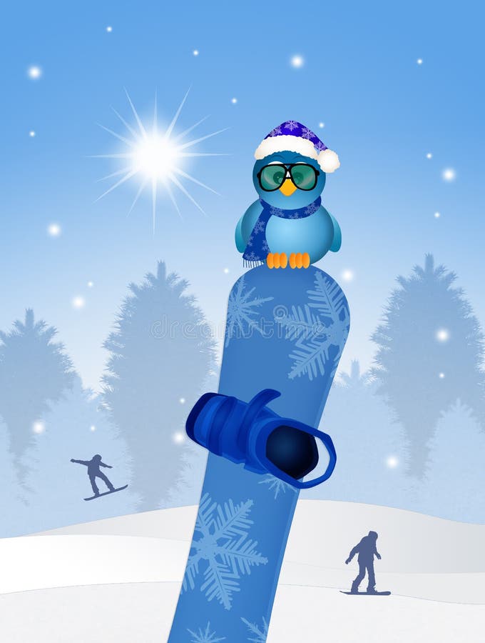 Bird on Snowboard in Winter Stock Illustration - Illustration of beak ...